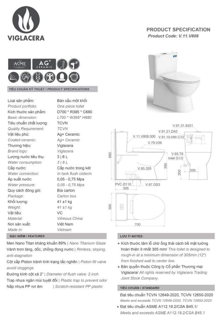 Bồn cầu két liền 1 khối Viglacera V808⚡ Viglaceravn.com