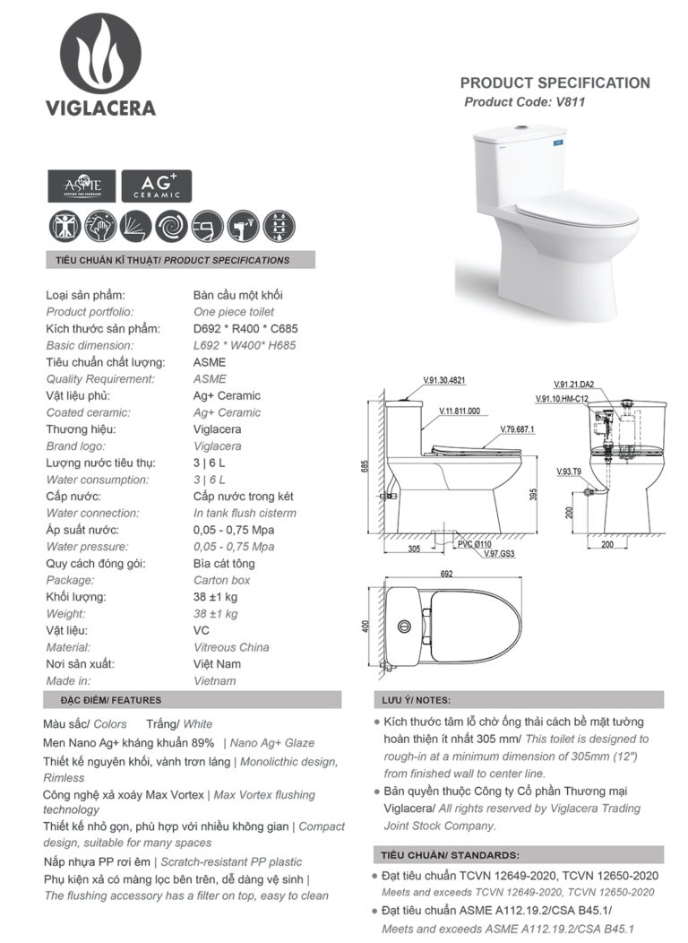 Bồn cầu két liền 1 khối Viglacera V811⚡ Viglaceravn.com
