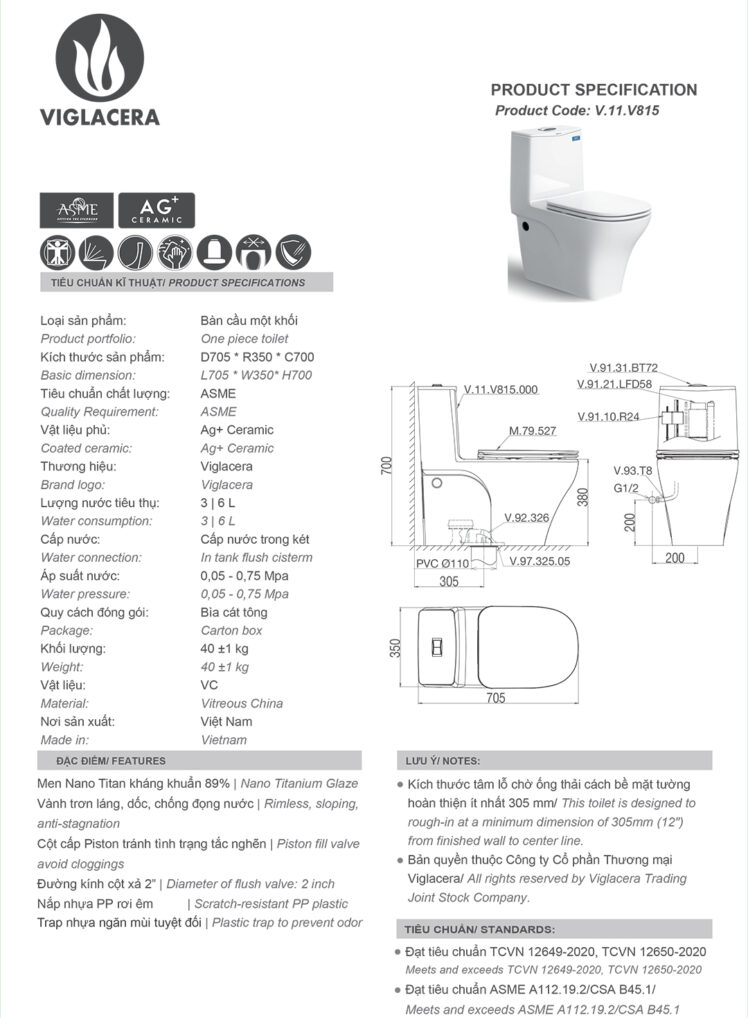 Bồn cầu két liền 1 khối Viglacera V815⚡ Viglaceravn.com