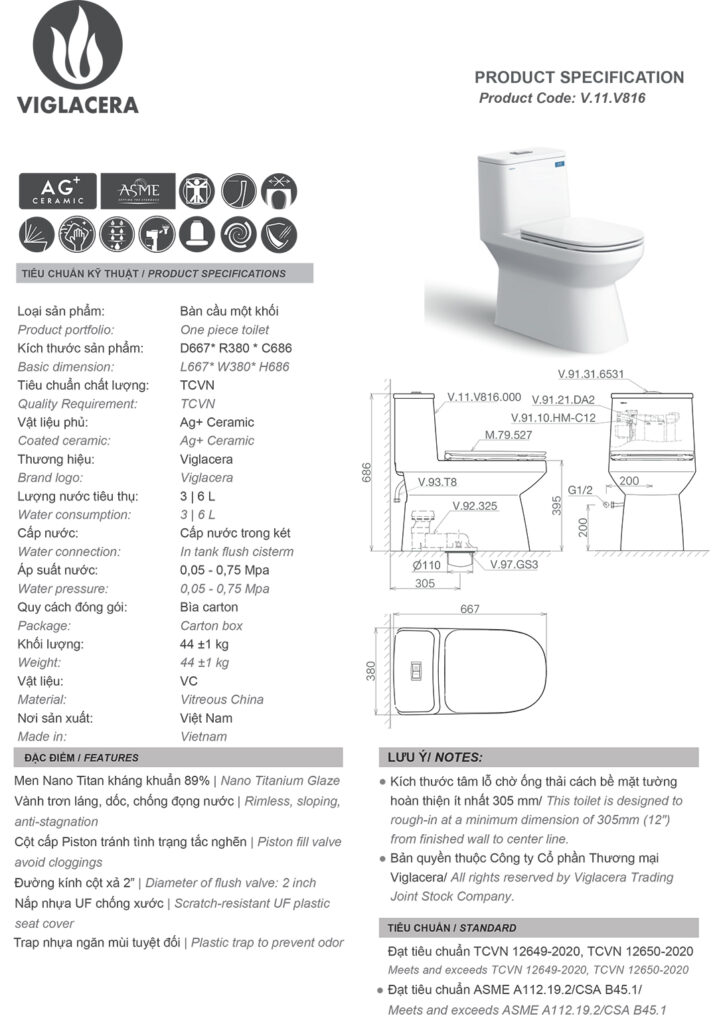 Bồn cầu két liền 1 khối Viglacera V816⚡ Viglaceravn.com