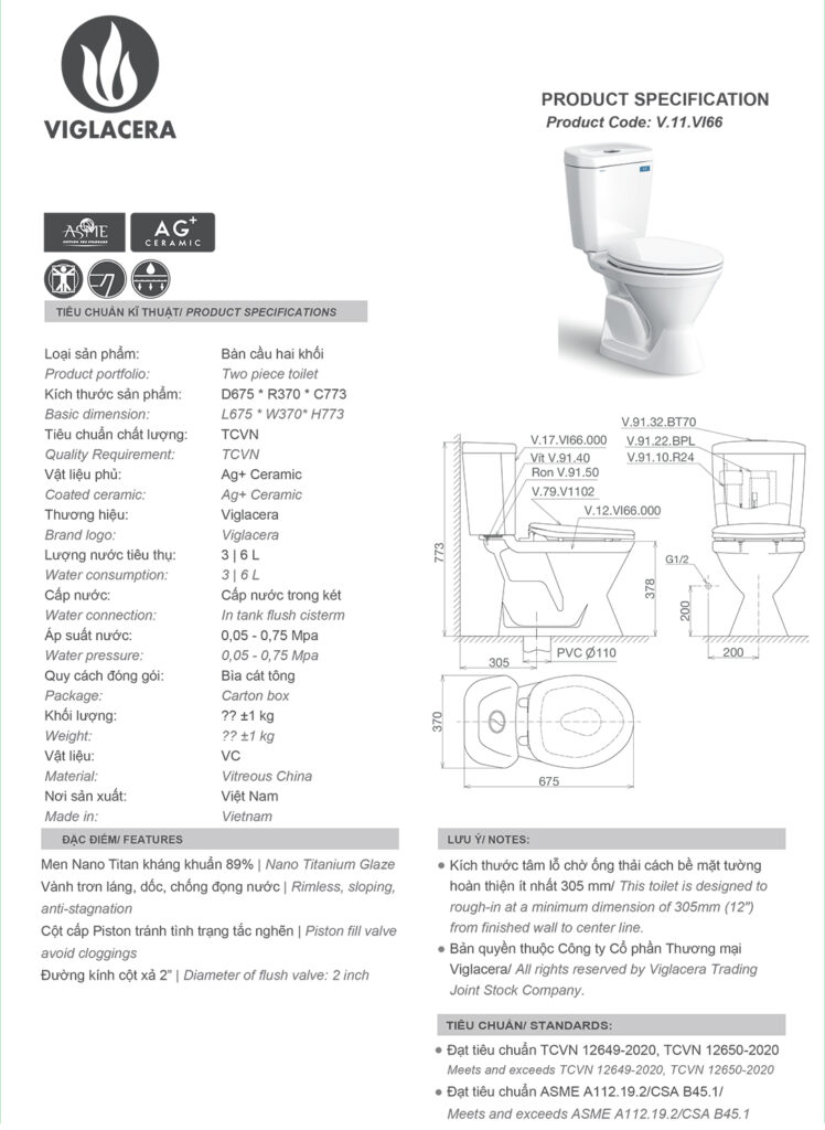Bồn cầu rời 2 khối Viglacera Vi66 nắp thường | Viglaceravn.com