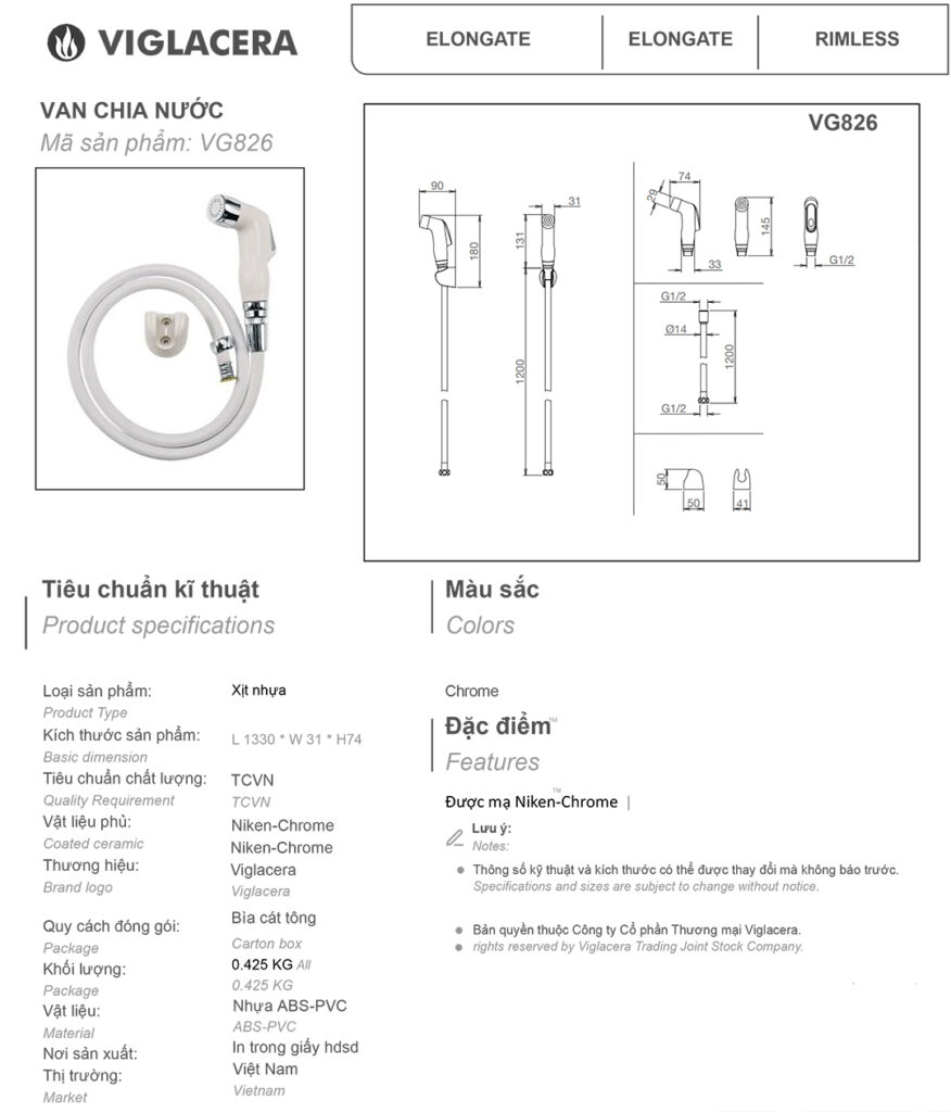 Vòi xịt vệ sinh bồn cầu Viglacera VG826 | Viglaceravn.com